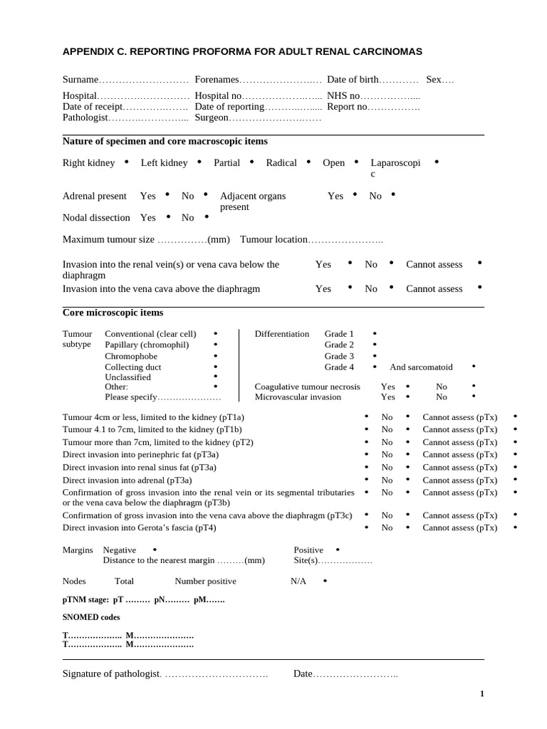 Appendix C Reporting Proforma For Adult Renal Carcinomas | PDF | Kidney | Abdomen