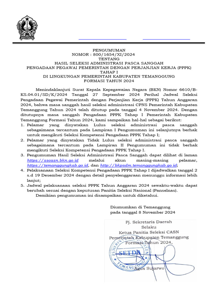 Pengumuman Hasil Seleksi Administrasi Pasca Sanggah PPPK Temanggung Tahap I | PDF