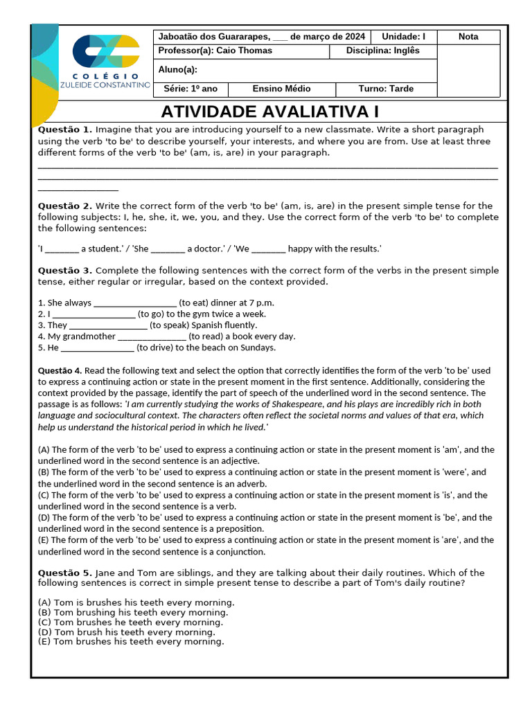 1º Ano B - Inglês Av1 Unit01 | PDF | Verb | Facebook