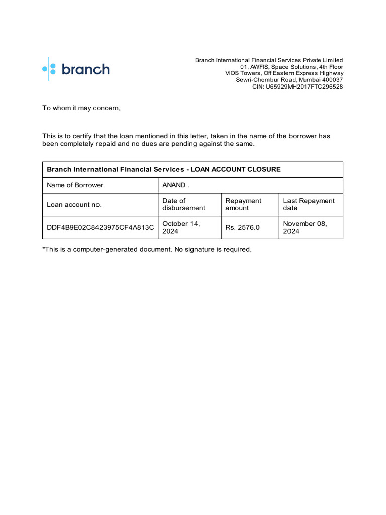 Loan Closure Certificate for Anand | PDF