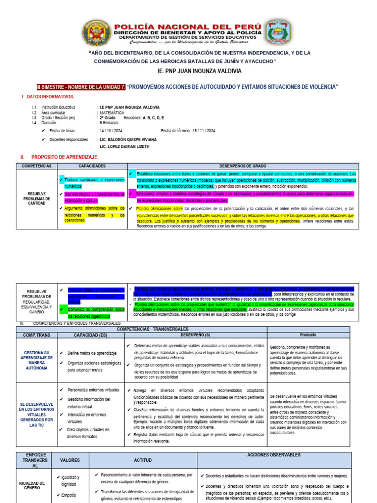 2do Mat.7ma Unidad 2024 | PDF | Ecuaciones | Maestros