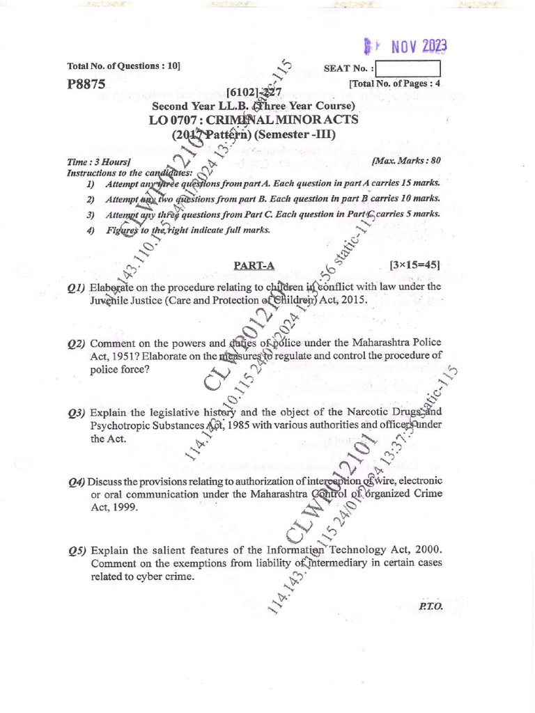 707 Criminal Minor Acts Q.P. | PDF | Crimes | Crime & Violence