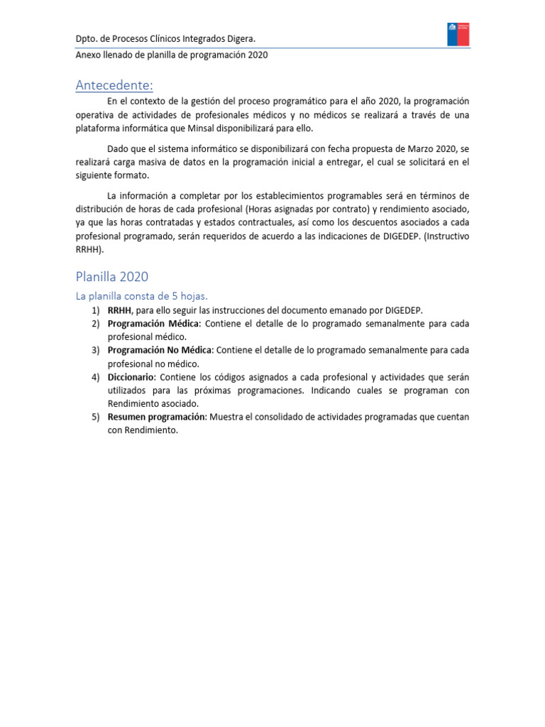 Instructivo de Llenado de Planilla Programacion 2020 - FN | PDF | Hospital | Programación de ...
