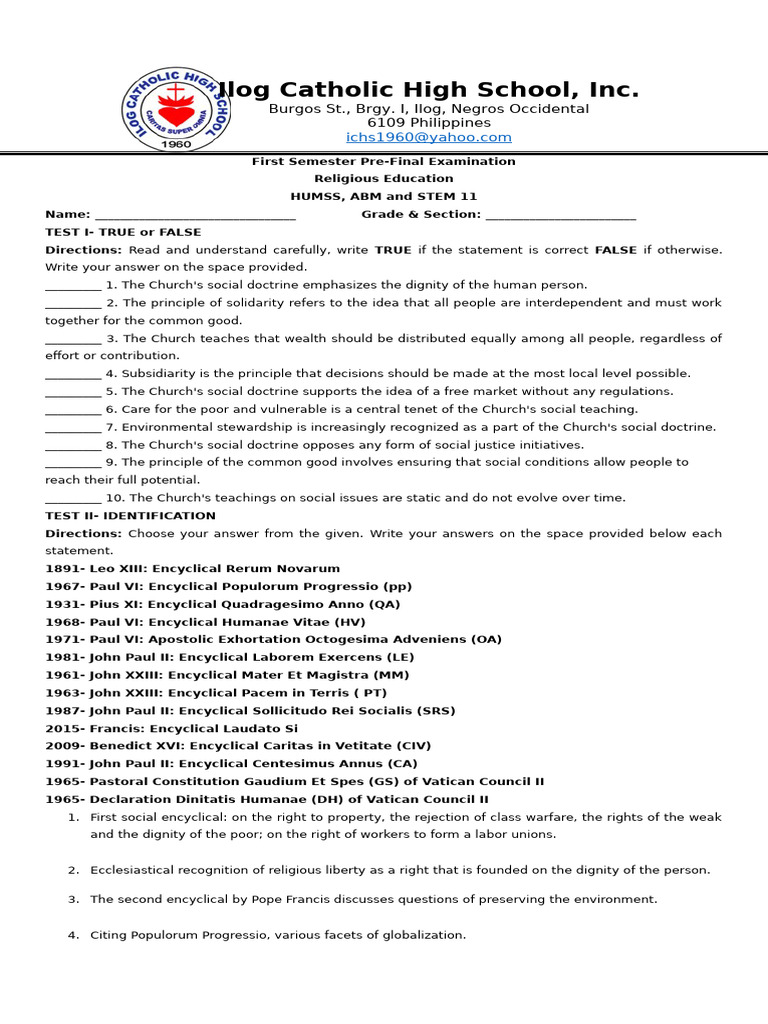 Ilog Catholic High School Religious Exam | PDF | Catholic Social ...