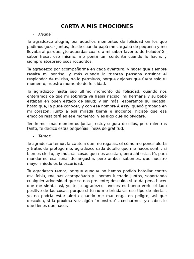 Carta De Gratitud A Mis Emociones Pdf