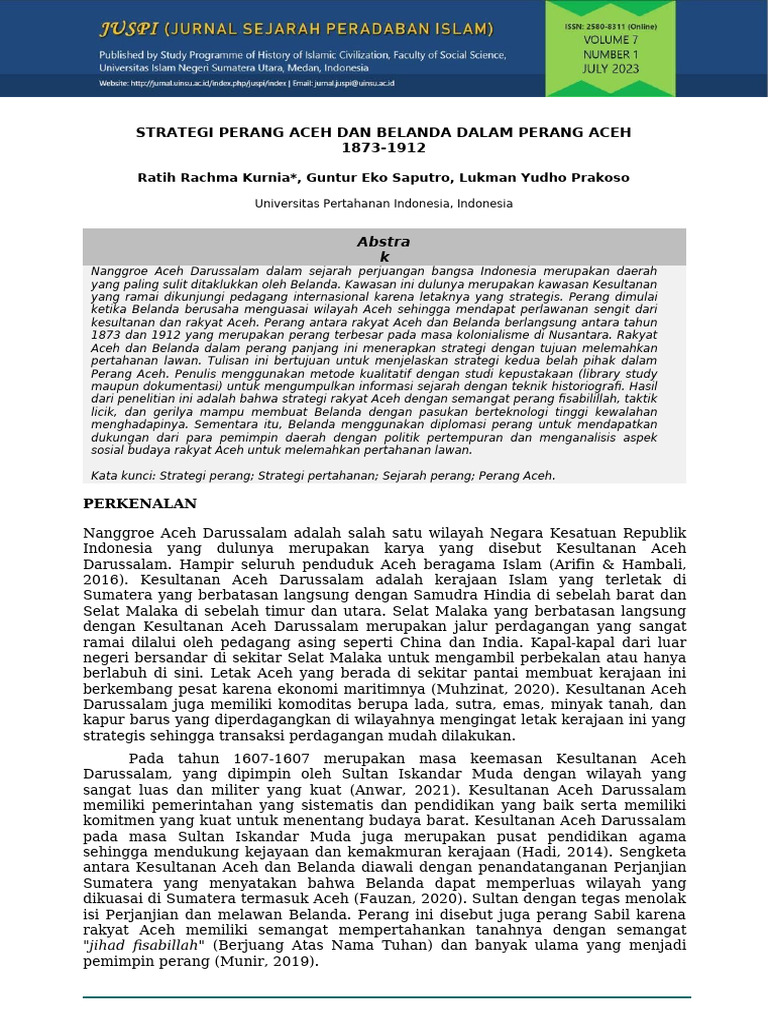Strategi Perang Aceh Dan Belanda Dalam Perang Aceh 1873 | PDF