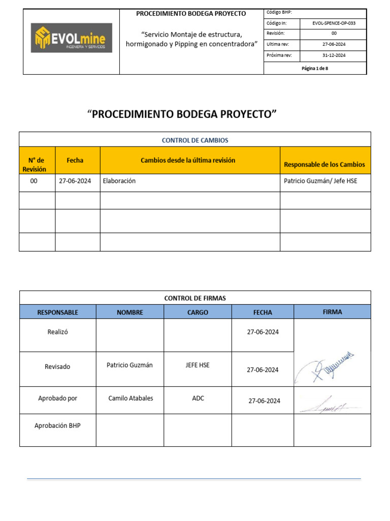 Evol - Spence-Op-033 Procedimiento Bodega Proyecto | PDF | Logística