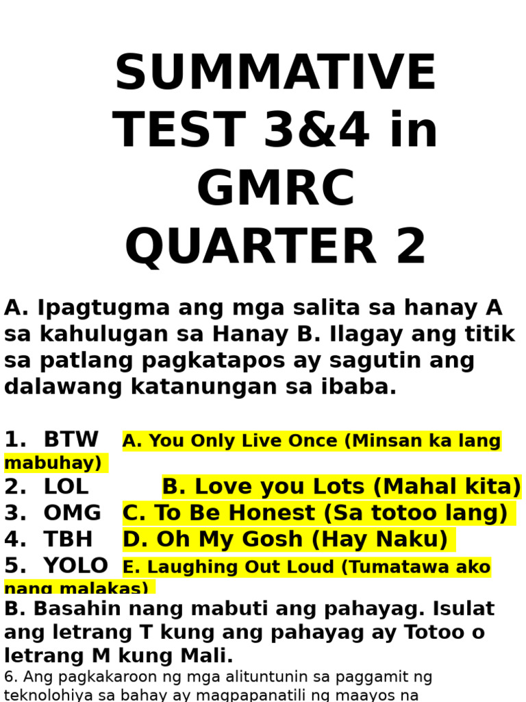 Q2-Summative Test 3&4 in GMRC 4 | PDF