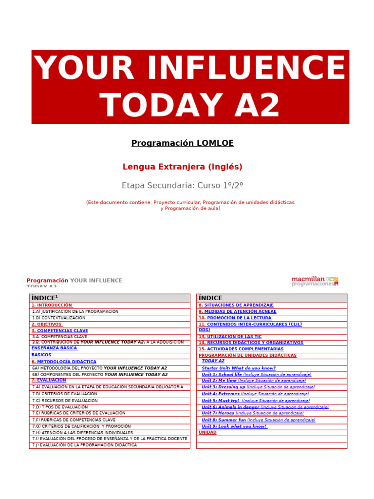Your Influence Today A2 | PDF | Educación primaria | Plan de estudios