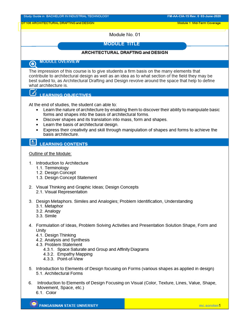 DT106 ARCHITECTURAL DRAFTING and DESIGN Module 1 Study Guide | PDF | Color | Analogy