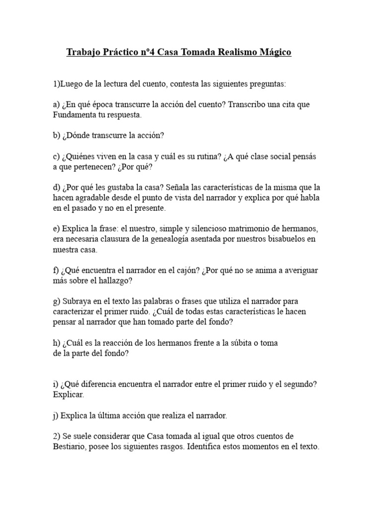 Trabajo Pr-Ctico n-4 Casa Tomada Realismo M-Gico | PDF | Estudios de idiomas extranjeros ...