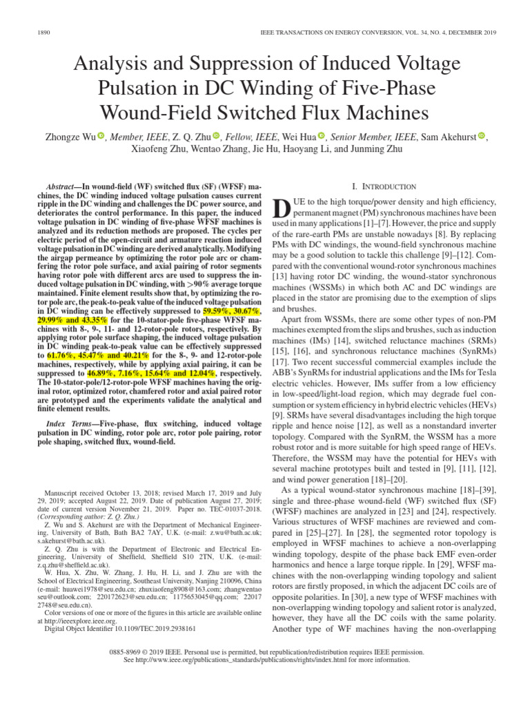 Analysis and Suppression of Induced Voltage Pulsation in DC Winding of ...