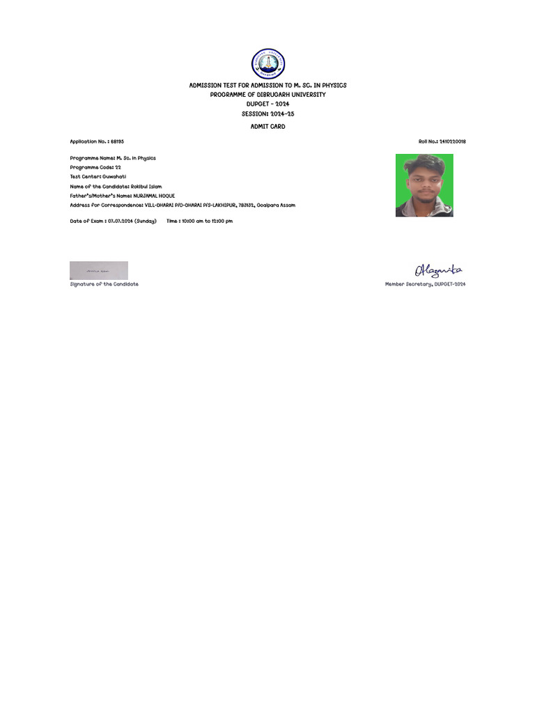Dibrugarh University Admit | PDF