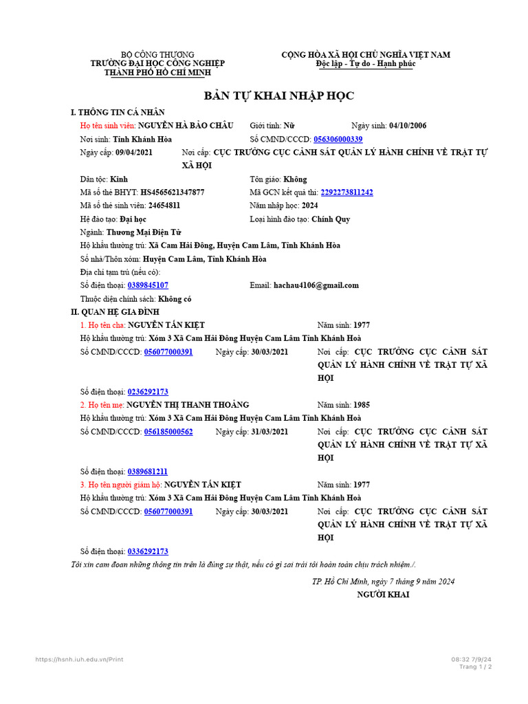 Cổng Hồ Sơ Nhập Học Trực Tuyến - in Phiếu Khai | PDF