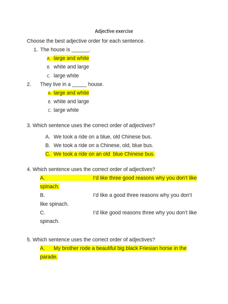 Adjective Order Exercise | PDF | Clothing | Fashion