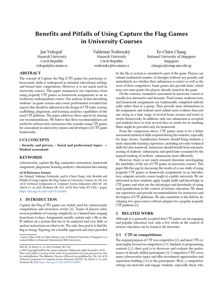 SIGCSE 2020 CTFs in University Courses | PDF | Plagiarism | Computer Security