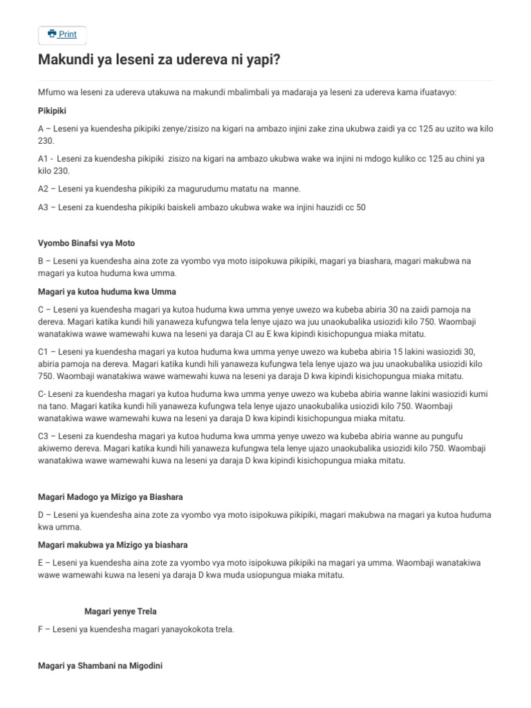 Mamlaka Ya Mapato Tanzania - Makundi Ya Leseni Za Udereva Ni Yapi | PDF