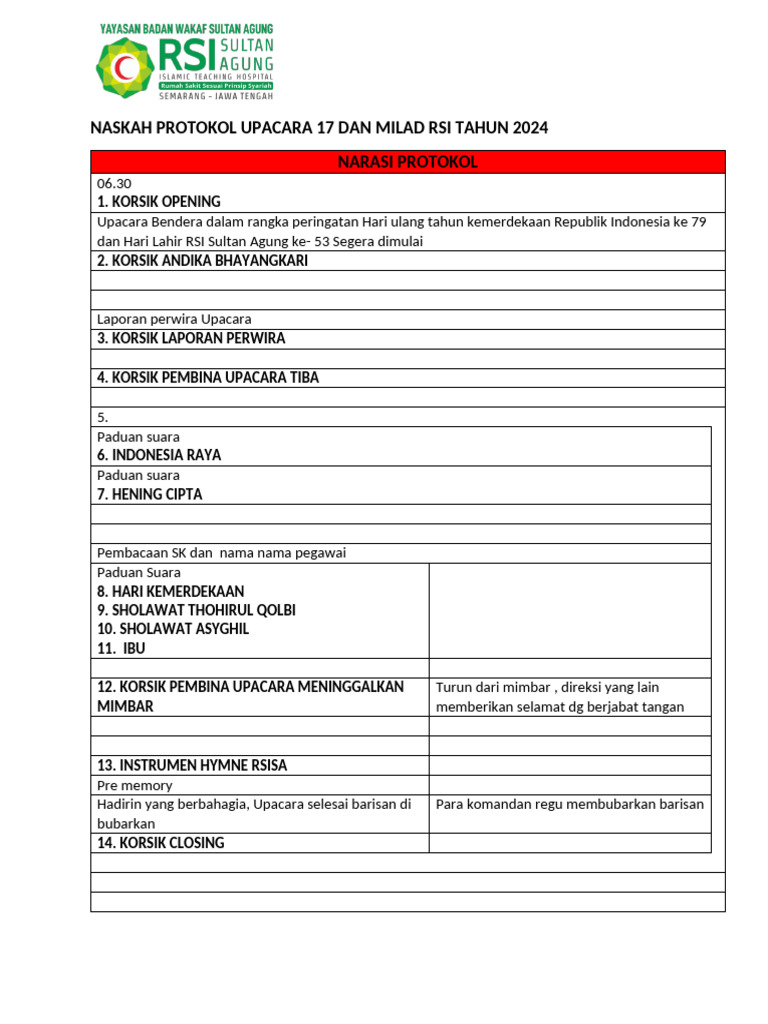 Naskah Protokol Upacara 17 Dan Milad 2024 | PDF