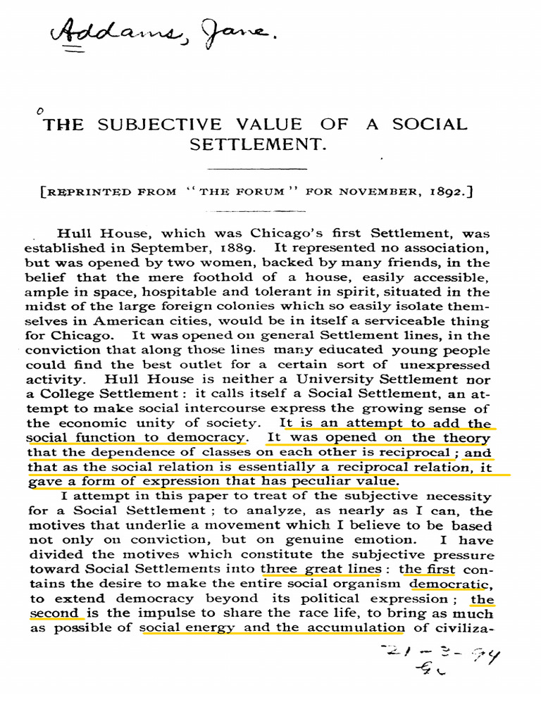 Jane Addams - The Subjective Value of A Socail Settlement | PDF ...