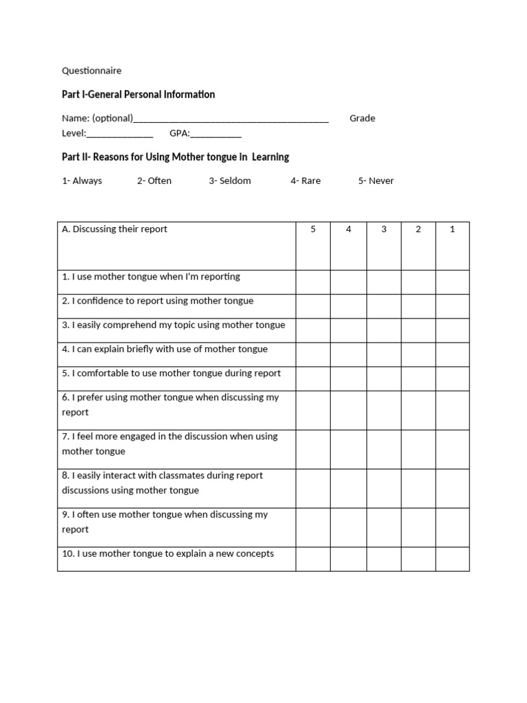 Mother Tongue Use in Learning Questionnaire | PDF | Career & Growth ...