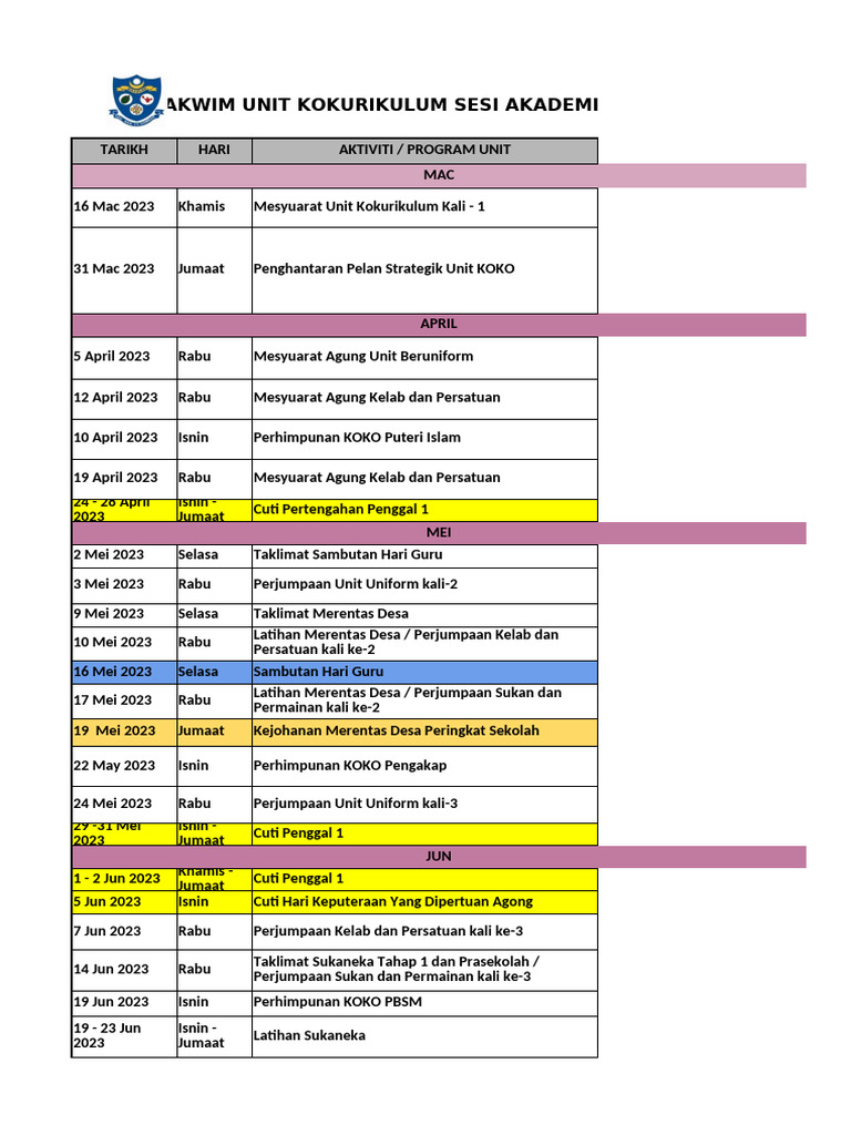 Takwim Unit Kokurikulum | PDF