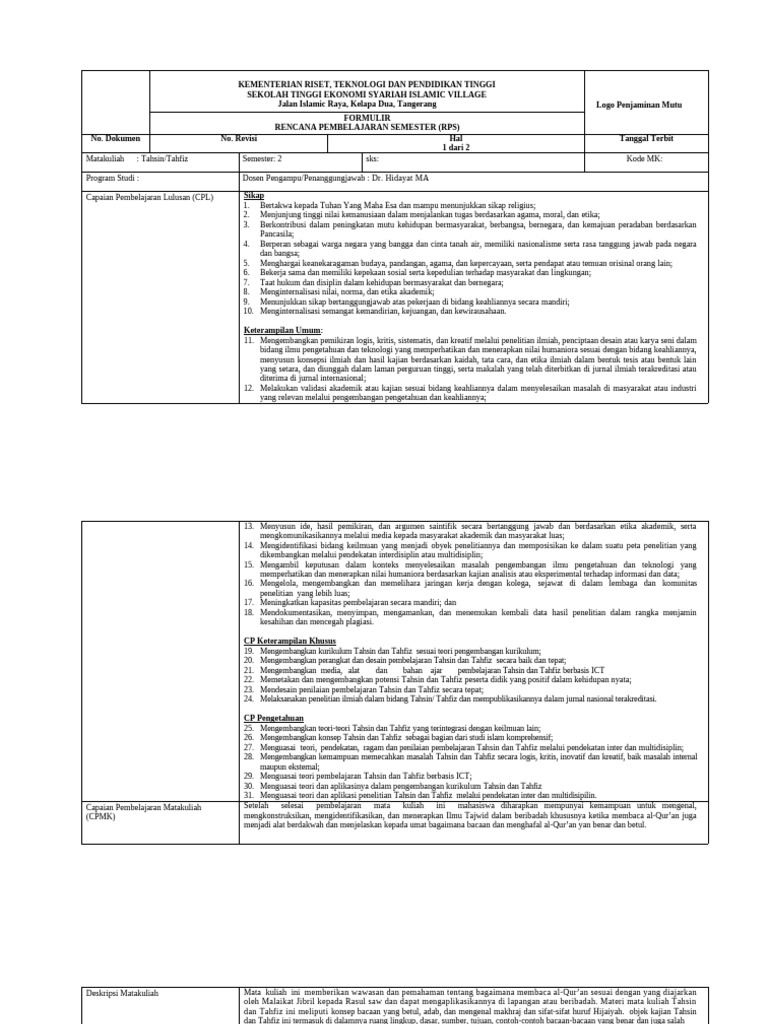 RPS Tahsin Sem 2 | PDF | Seni | Sains & Matematika