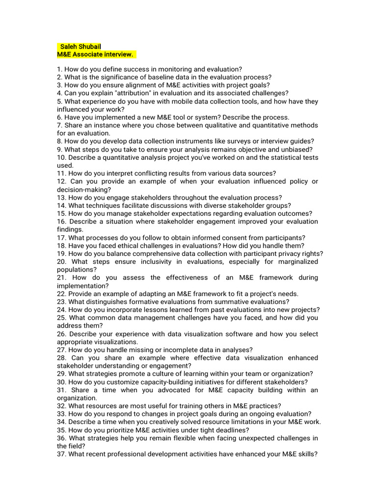 M&E Associate Interview Questions | PDF | Evaluation | Capacity Building