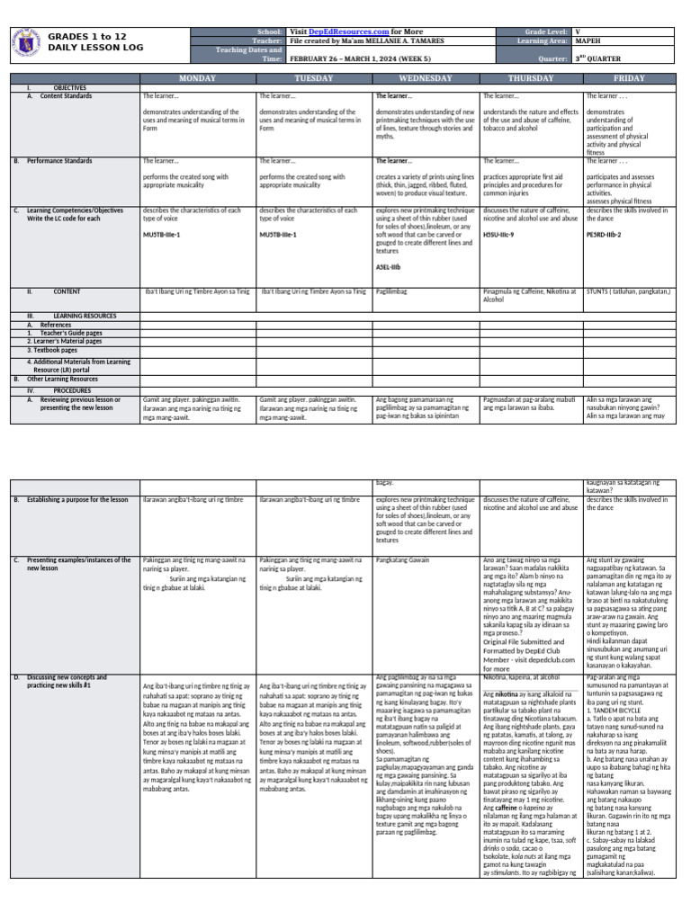 DLL - Mapeh 5 - Q3 - W5 | PDF