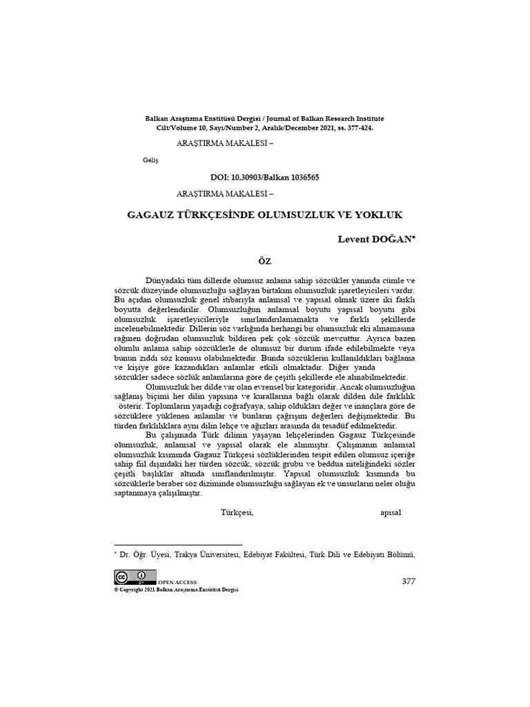 Gagavuz Türkçesi̇nde Olumsuzluk Ve Yokluk | PDF | Grammatical Tense | Word