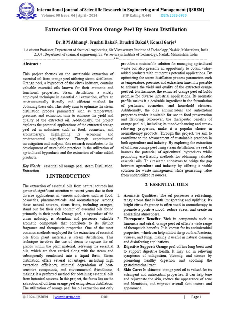 Orange Peel Oil Extraction via Steam Distillation | PDF | Essential Oil ...