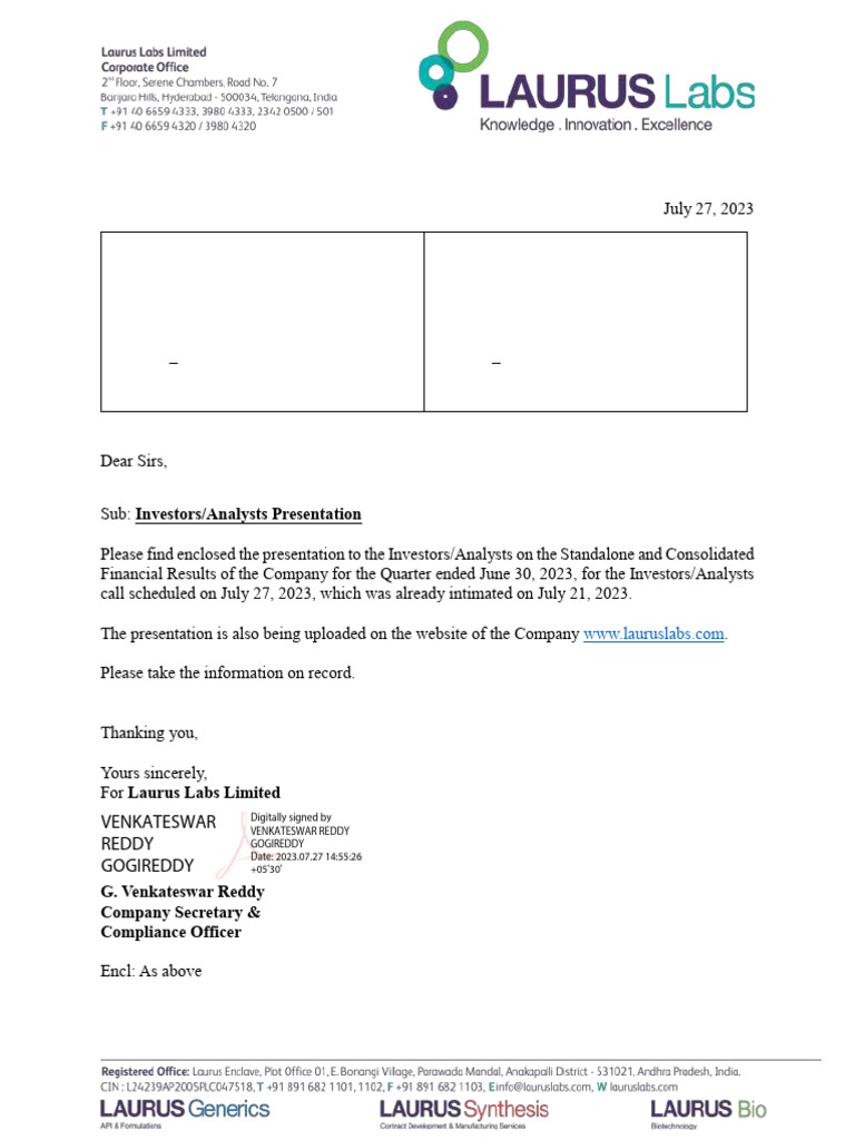 Laurus Labs Financial Results Q1 FY2024 Investor Presentation | PDF | Food And Drug Administration