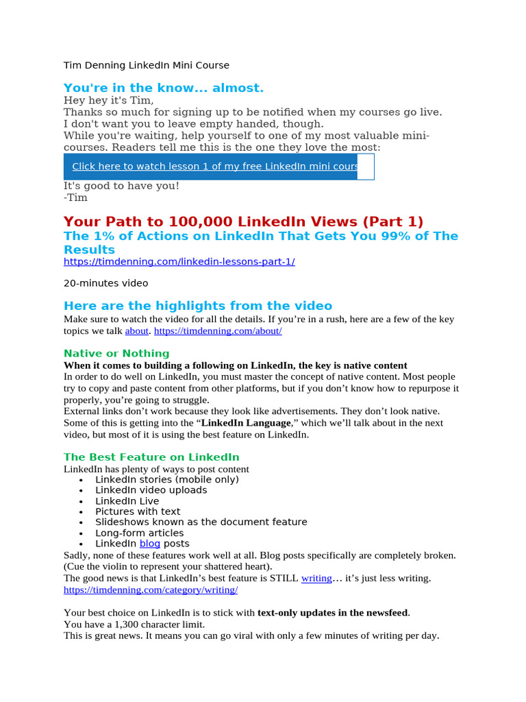 Tim Denning LinkedIn Mini Course | PDF | Computers