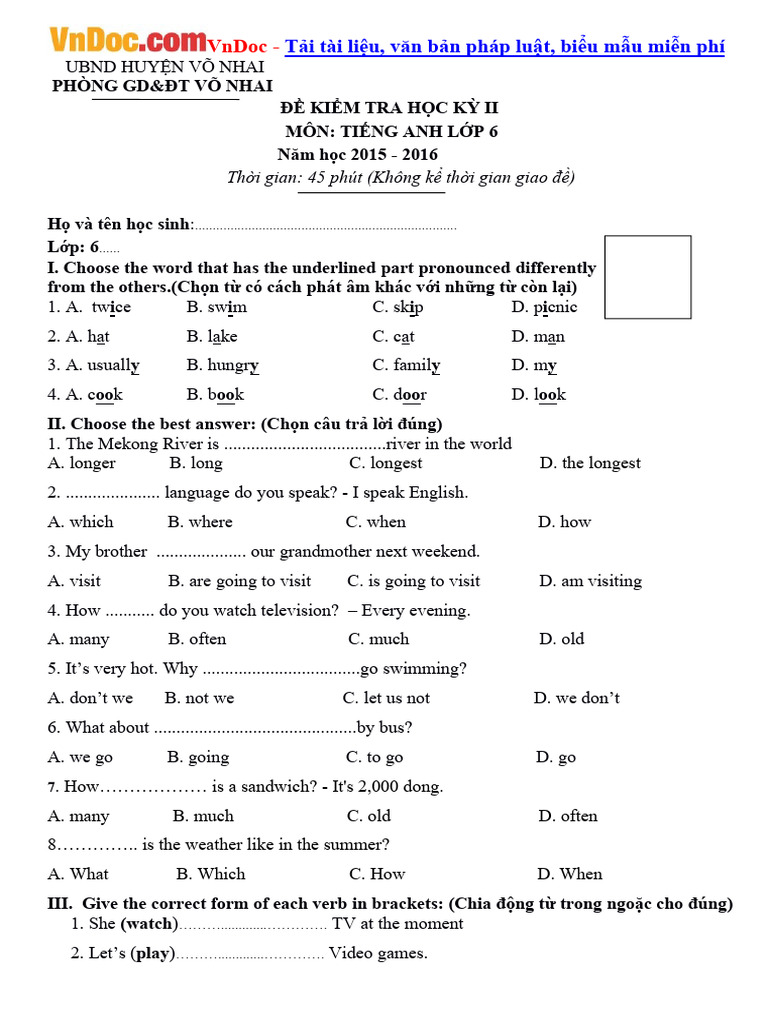 De Thi Hoc Ky 2 Mon Tieng Anh Lop 6 Phong GDDT Vo Nhai Nam Hoc 2015 2016 Co Dap An | PDF ...