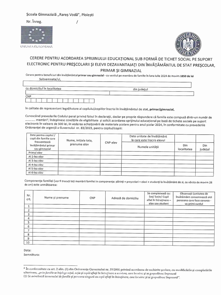 Cerere Tichet Social - Primar Și Gimnaziu | PDF