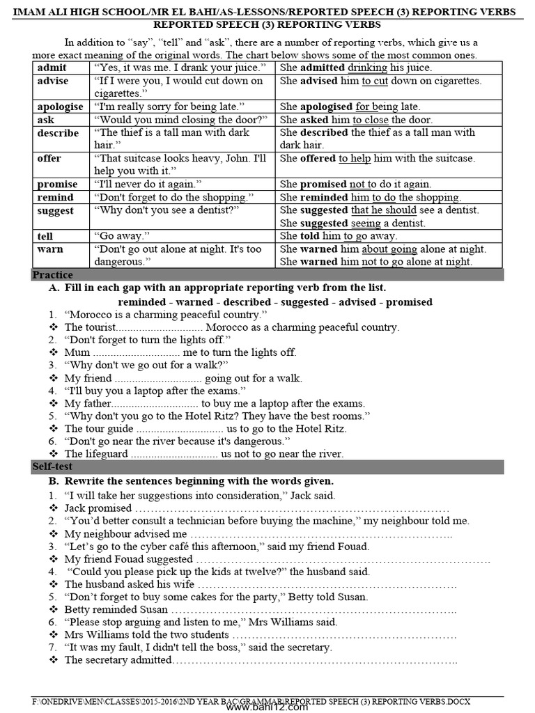 Reported Speech (3) Reporting Verbs | PDF