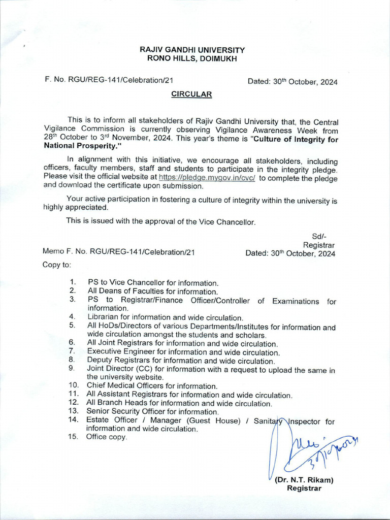 Circular - Vigilance Awareness Week | PDF