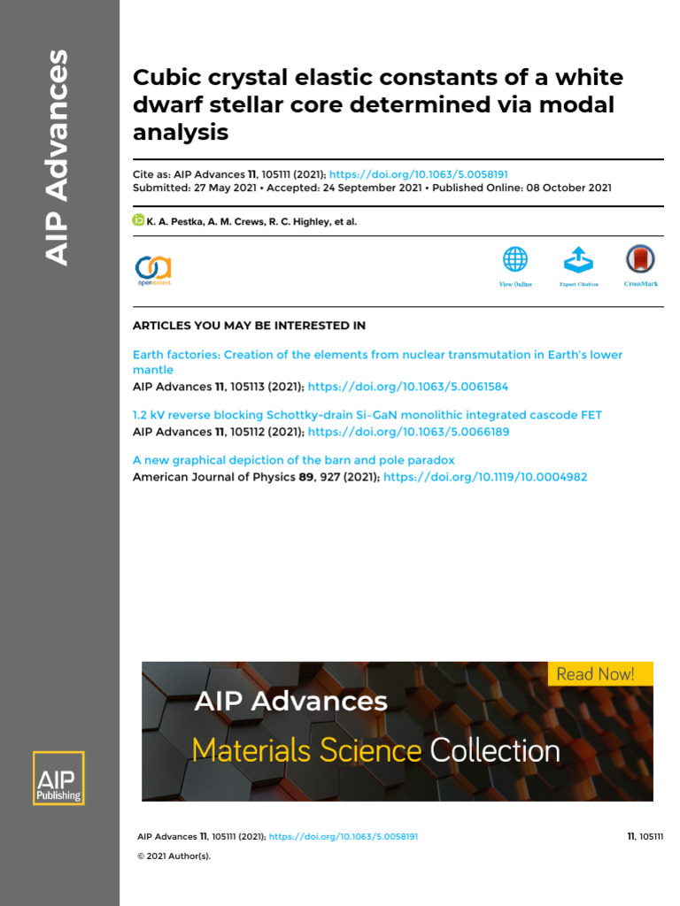Cubic Crystal Elastic Constants of A White Dwarf Stellar Core Determined Via Modal Analysis ...