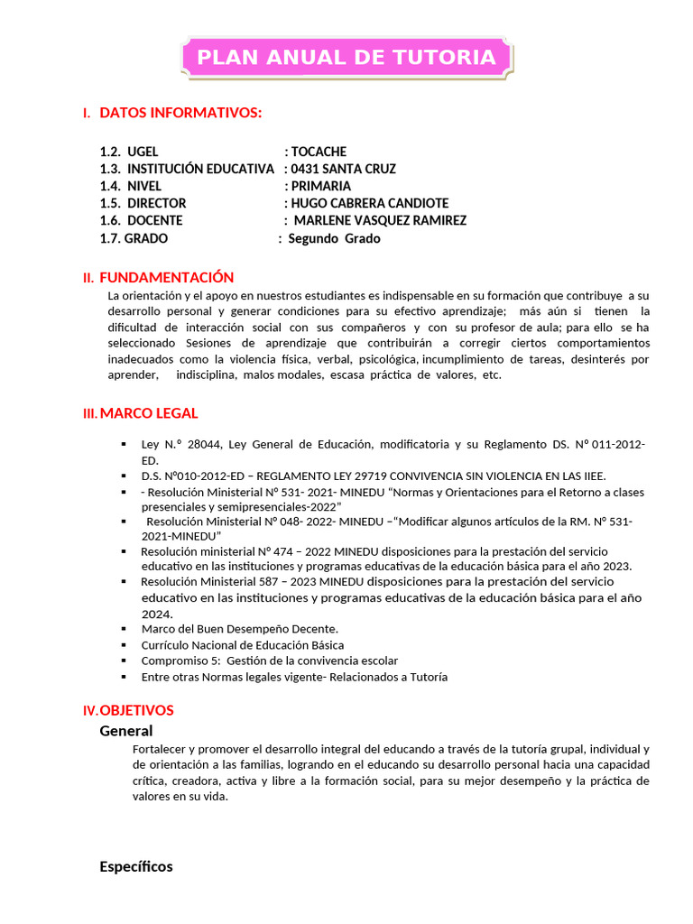 Plan de Tutoria 2do 2024 de Santa Cruz | PDF | Salón de clases | Maestros