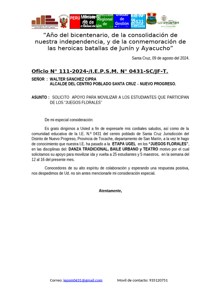 Carta Movilidad Juegos Florales-Etapa Ugel | PDF