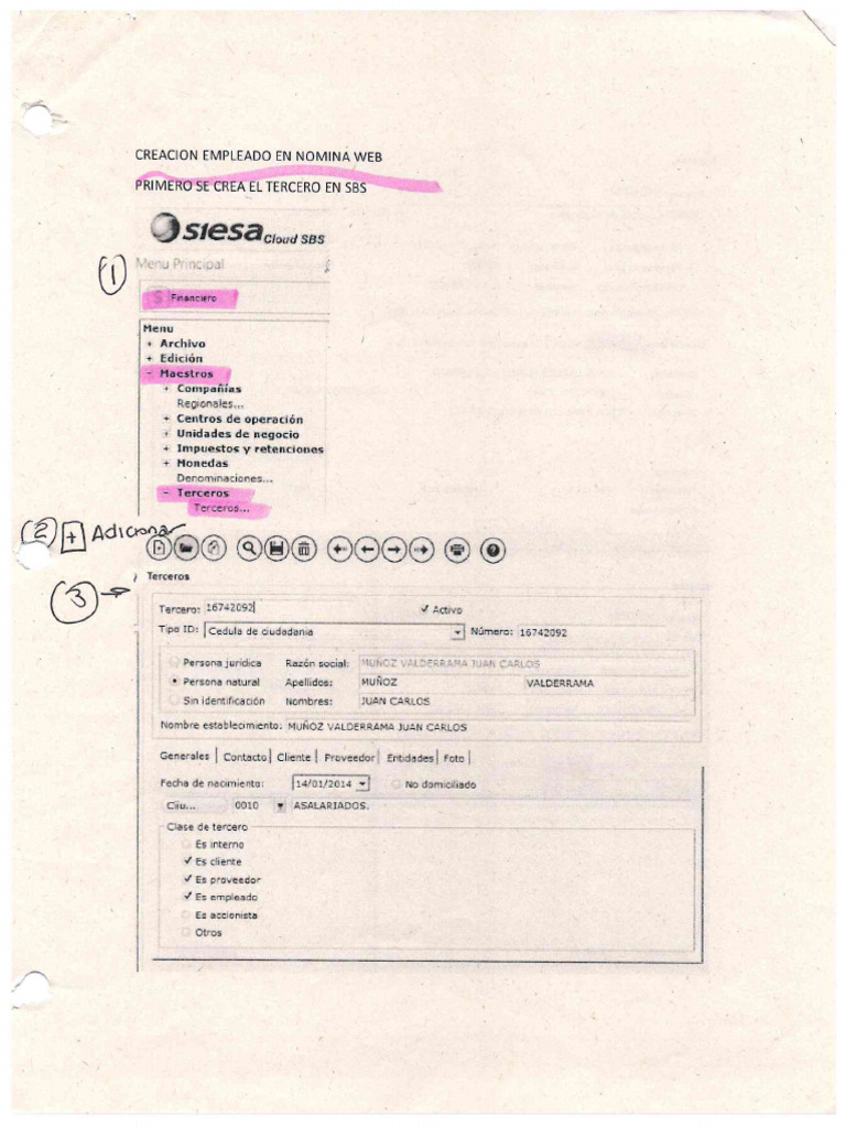 Creación de Tercero y Empleado Nómina Siesa | PDF