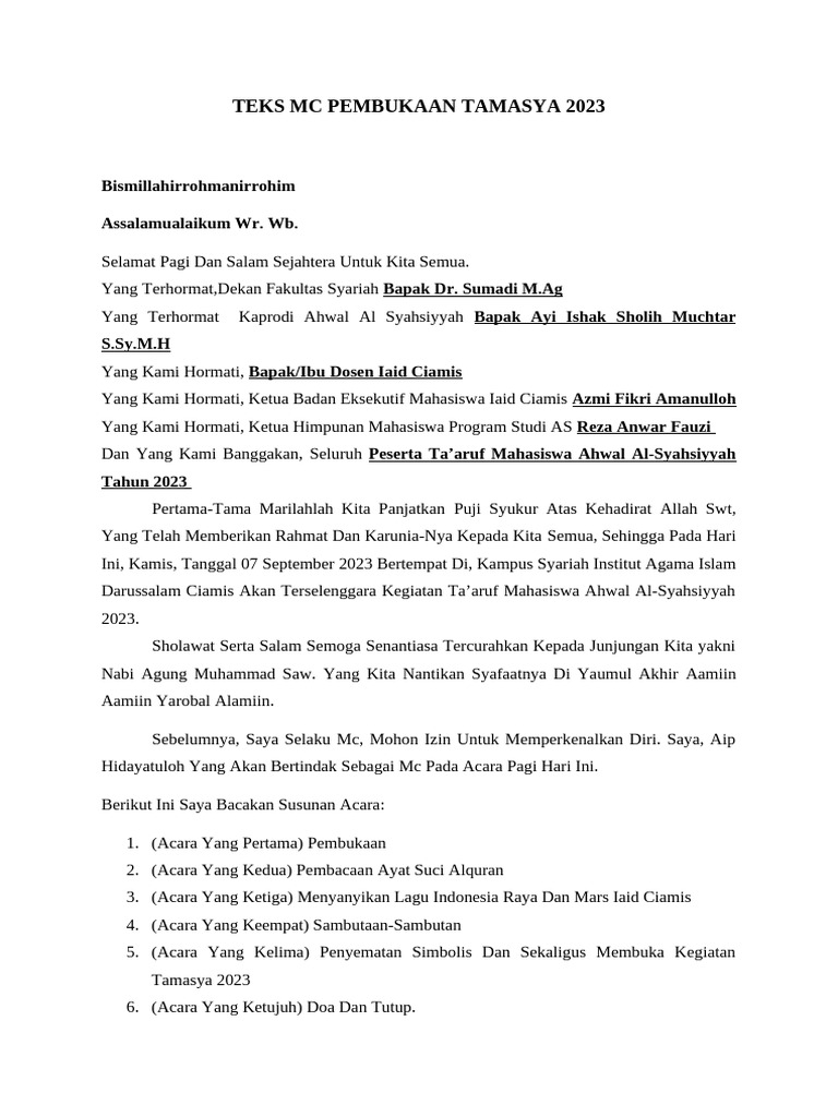 MC Pembukaan Tamasya 2023 IAI Ciamis | PDF