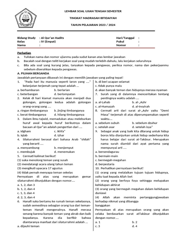 Soal Ujian Al Qur'an Hadits Kelas IV | PDF