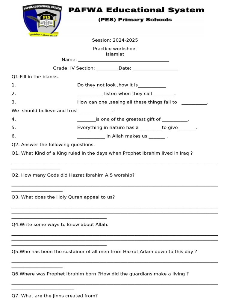 Practice Worksheet Islamiat Grade 4 | PDF | Religious Faiths ...