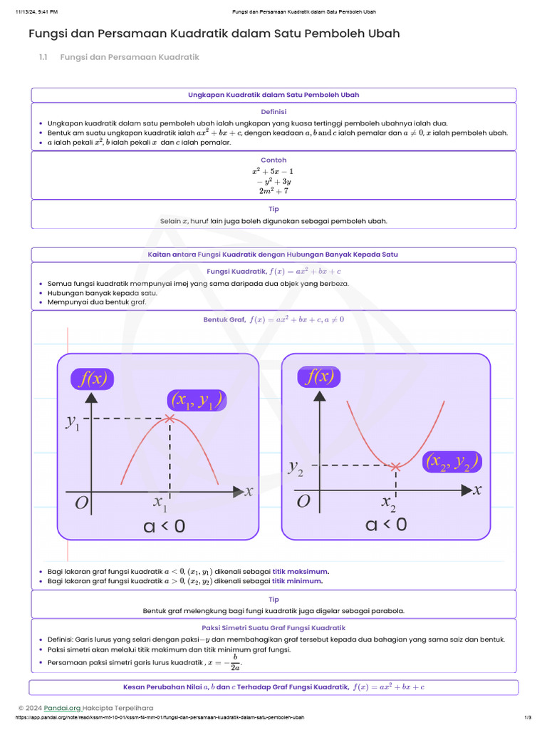 Fungsi Dan Persamaan Kuadratik Dalam Satu Pemboleh Ubah | PDF
