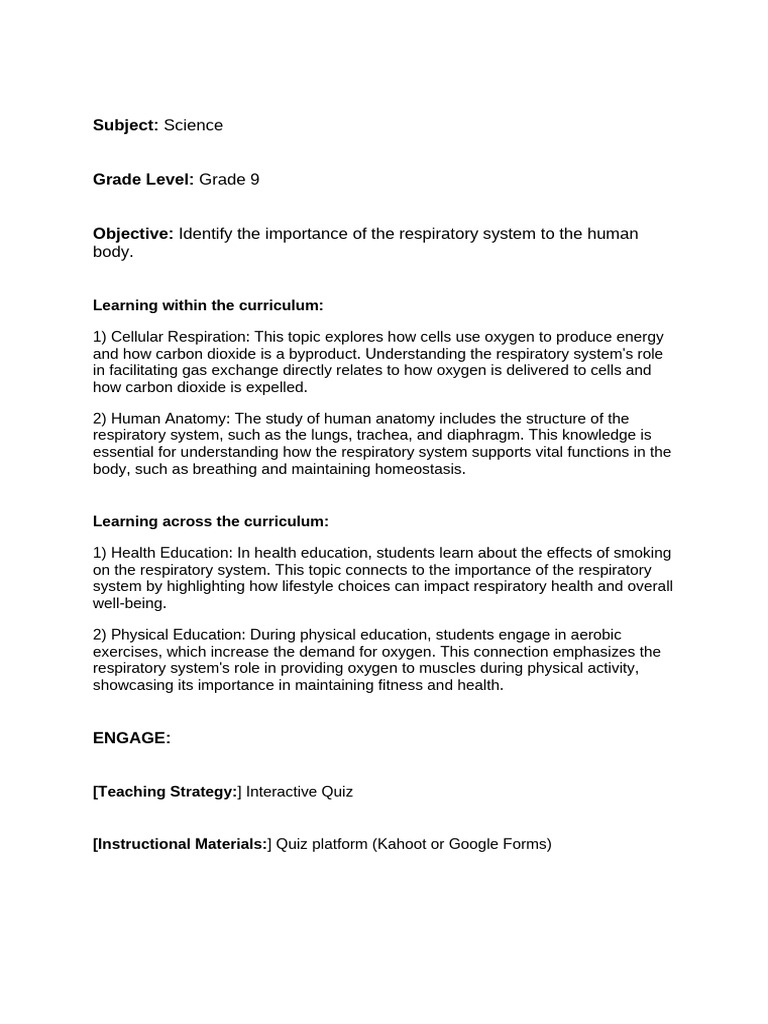 Lesson Plan | PDF | Respiratory System | Breathing
