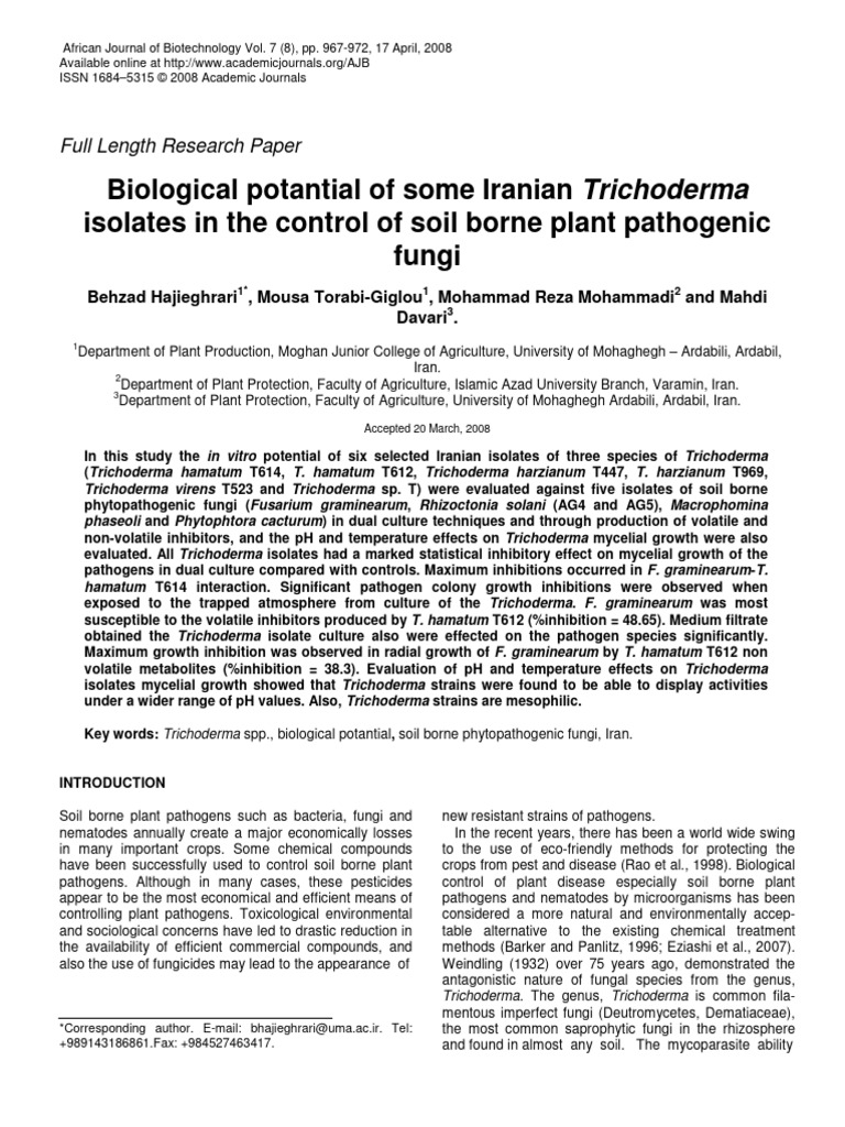 Biocontrol Potentia Os Trichoderma | PDF | Fungus | Biological Pest Control
