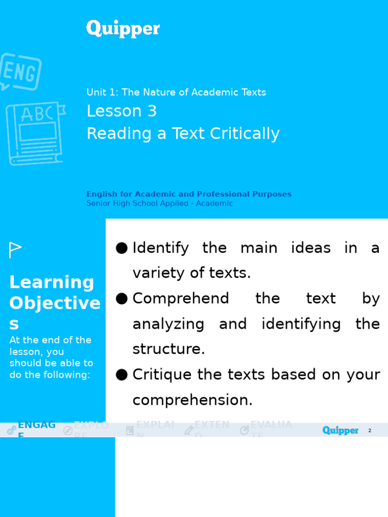 Unit 1 Lesson 3 Reading A Text Critically | PDF | Learning | Cognitive ...