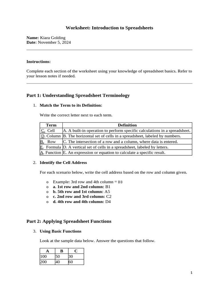 Spreadsheet Basics Worksheet Guide | PDF | Spreadsheet | Computer Data ...