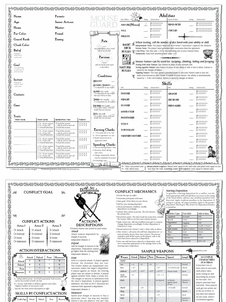 Mouse Guard RPG - Fillable Char Sheet | PDF
