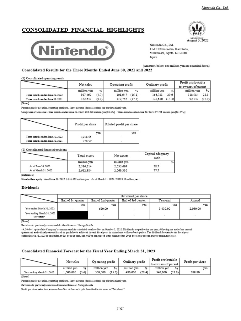A. (30,06,22) 3 Months Report 2023 Nintendo | PDF | Dividend | Stocks